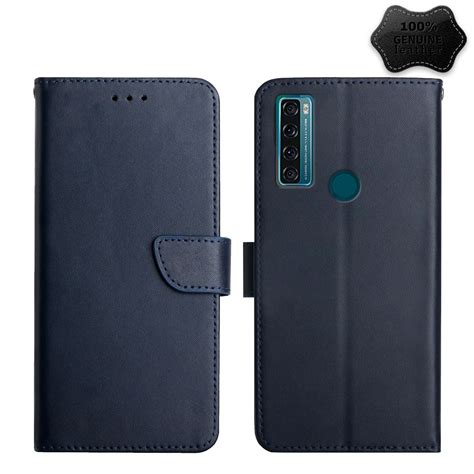 For TCL SE Genuine Leather Fingerprint Proof Flip Phone Case Blue Alexnld Com
