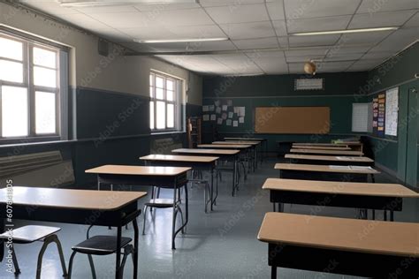 Empty Classroom With Rows Of Desks Facing Front And Blackboard In The Background Created With
