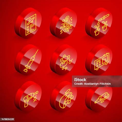 세트 라인 임상 기록 박테리아 피펫 및 식물 주사기 유전자 변형 식품 분광계 이송 액체 총 및 생물학적 구조 아이콘 벡터 3차원