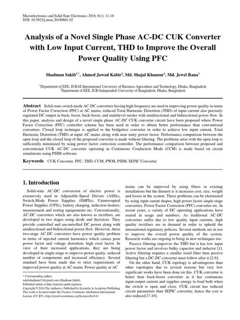 Analysis Of A Novel Single Phase Ac Dc Cuk Converter With Low Input