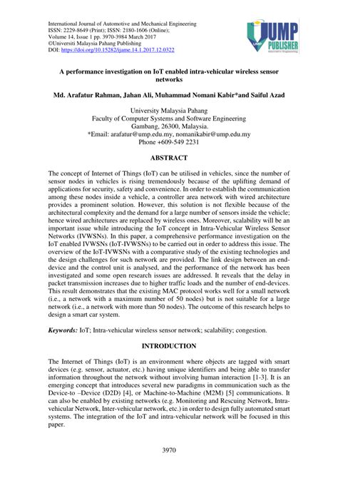 Pdf A Performance Investigation On Iot Enabled Intra Vehicular