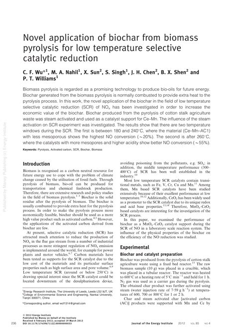 Pdf Novel Application Of Biochar From Biomass Pyrolysis For Low Temperature Selective