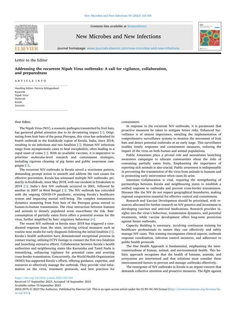 Pdf Addressing The Recurrent Nipah Virus Outbreaks A Call For Vigilance Collaboration And