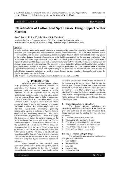 Pdf Classification Of Cotton Leaf Spot Disease Using Support Vector Machine