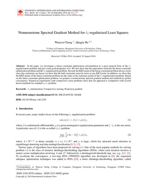 Pdf Nonmonotone Spectral Gradient Method For L1 Regularized Least Squares