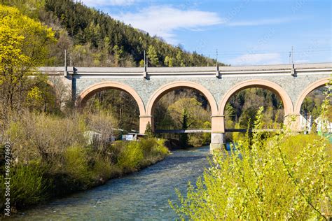 Historical Railway Viaduct Over River Schwarza In Payerbach Austria As