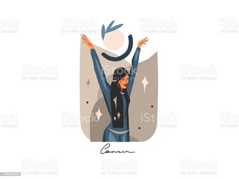 손으로 그린 벡터 스톡 추상적 인 평면 그래픽 일러스트와 조디악 점성술 현대 기호 암 아름다움 마법 여성 캐릭터 흰색 배경에 고립 된 만화 예술 디자인 점성술에 대한 스톡