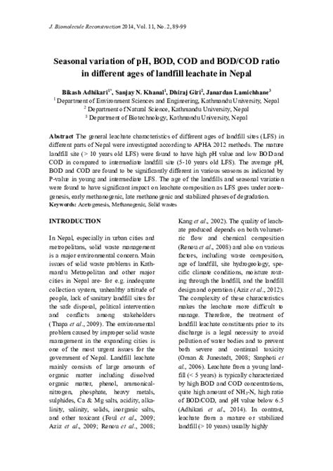 Pdf Seasonal Variation Of Ph Bod Cod And Bod Cod Ratio In Different