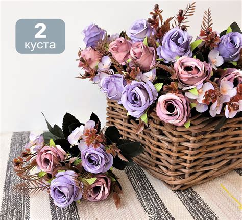 Купить Искусственные цветы 2 куста Букет нежно сиреневых чайных роз с цветочками сакуры 31 см