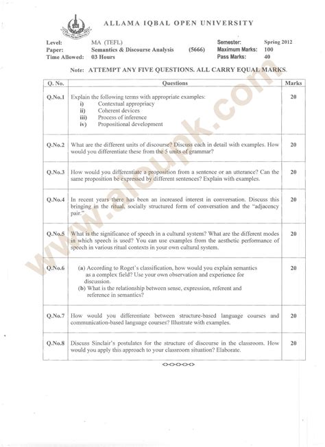 Semantics And Discourse Analysis Code 5666 Level Ma Tefl ~ Aiou Old Paper