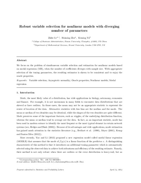 Pdf Robust Variable Selection For Nonlinear Models With Diverging