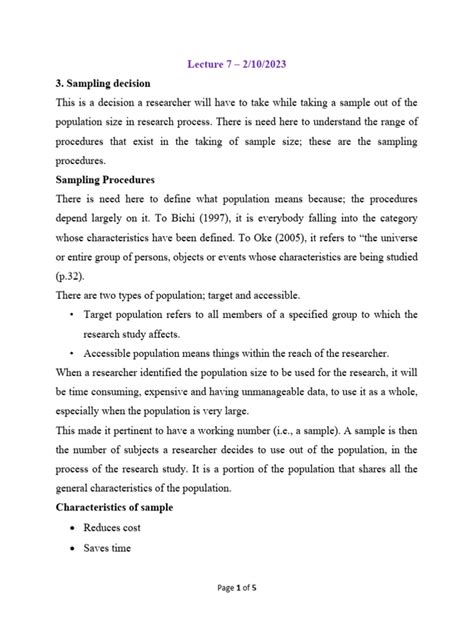 Lecture 6 Pdf Sampling Statistics Sample Size Determination