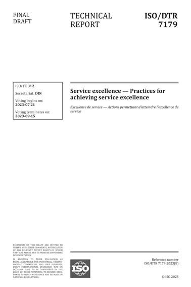 ISO DTR FDIS 7179 2023 Service Excellence Practices For Achieving Service Excellence