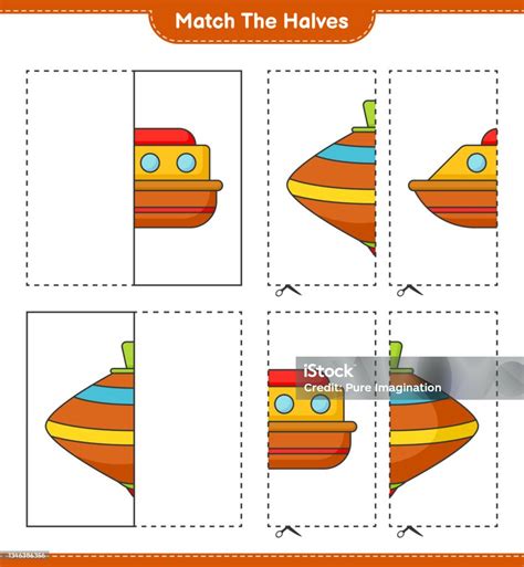반쪽을 일치시다 보트와 휘를리기 장난감의 절반을 일치합니다 교육 어린이 게임 인쇄 워크 시트 벡터 일러스트레이션 0명에 대한 스톡 벡터 아트 및 기타 이미지 Istock