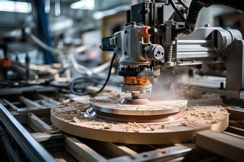 Cnc Milling Machine Cutting Wood In Factory Small Depth Of Field Copy Space Stock Illustration
