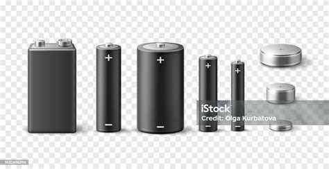 현실적인 배터리 다른 크기 및 유형 알카라인 건전지 모형 3d 고립된 개체 금속 및 까만 전기 성분 전기 리튬 이온 제품 완전한 벡터 세트 배터리 전원에 대한 스톡 벡터