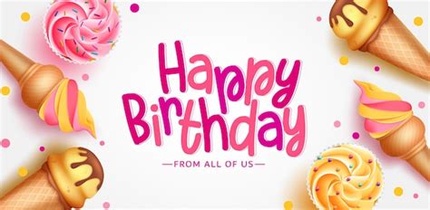 생일 인사말 벡터 배경 디자인입니다 컵의 파티 디저트 요소가 있는 생일 텍스트입니다 프리미엄 벡터