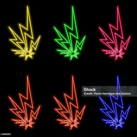 번개 푸른 벼락 검은 배경에 고립 된 전기 공격 불꽃 방전 효과 또는 마술 네온 불빛 플레어 벡터 만화 일러스트 레이 션 0명에 대한 스톡 벡터 아트 및 기타 이미지