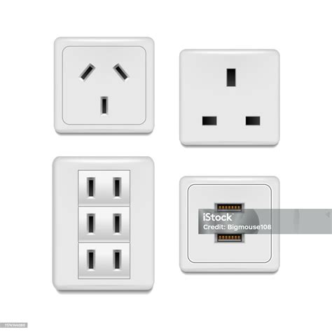 현실적인 상세한 3d 현대 흰색 빈 소켓 및 스위치 템플릿 모형 세트 벡터 전기 플러그에 대한 스톡 벡터 아트 및 기타 이미지 전기 플러그 콘센트 0명 Istock