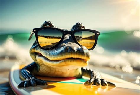 A Vibrant Green Amphibian Wearing Fashion Forward Sunglasses On A Surfboard Stock Illustration