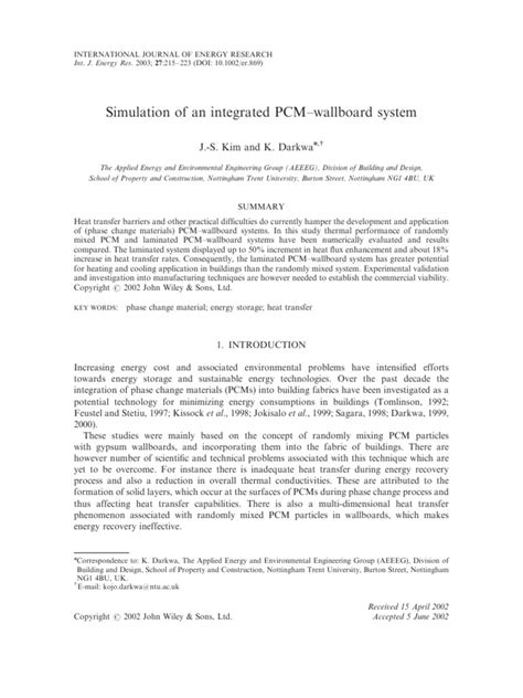 Simulation Of An Integrated Pcm Wallboard System Pdf Heat Transfer Heat