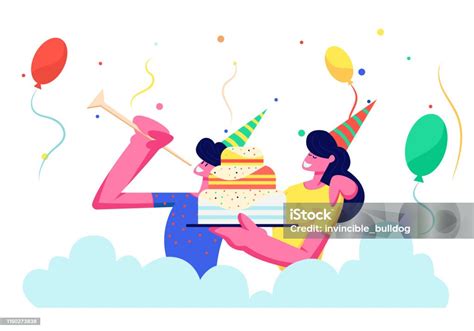 생일 파티 휴가를 축 하 하는 축제 모자에 쾌활 한 커플 파이프 풍선 및 색종이와 여러 배경에 케이크를 들고 여자를 재생 기 뻐 만화 평면 벡터 일러스트 기념일에 대한 스톡