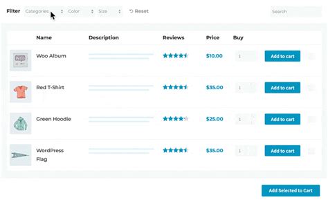 list woocommerce products in a table with front end editor