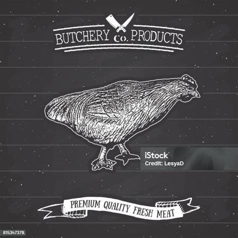 정육점가 게 빈티지 엠 블 럼 닭 고기 제품 도살 로고 템플릿 복고풍 스타일 빈티지 디자인 로고 라벨 배지 및 브랜드 디자인에 대 한 칠판에 벡터 일러스트 레이 션 가축에