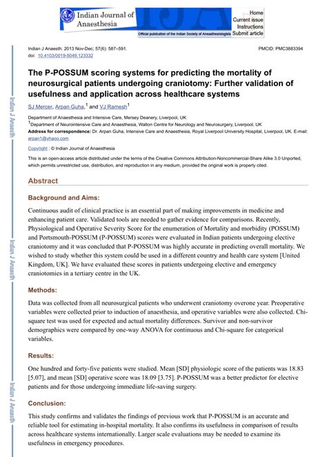 Pdf A United Kingdom Evaluation Of Possum And P Possum Scoring Systems For Predicting The