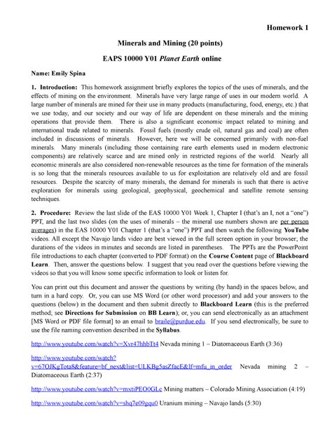 Homework Assignment One Homework 1 Minerals And Mining 20 Points Eaps Y01 Planet Earth