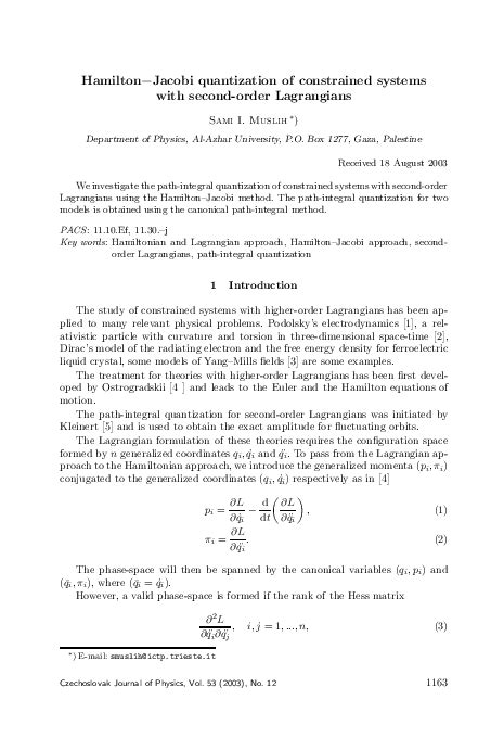 Pdf Hamiltonjacobi Quantization Of Constrained Systems With Second Order Lagrangians