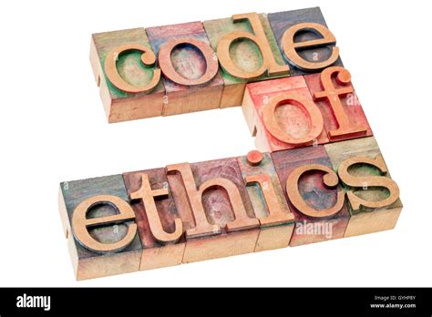 Code Of Ethics Word Abstract Isolated Text In Letterpress Wood Type Printing Blocks Stained By