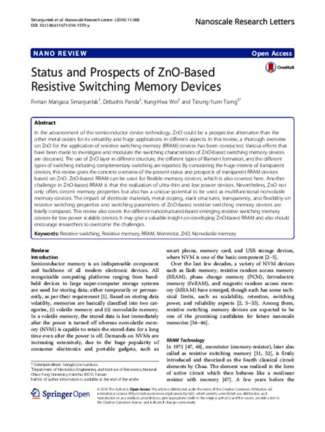 Pdf Status And Prospects Of Zno Based Resistive Switching Memory Devices Kung Hwa Wei