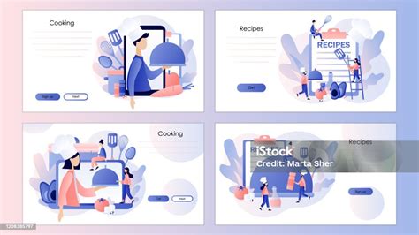 음식 블로깅 온라인 레시피 작은 사람들은 요리사 모자에서 요리 모바일 스마트 폰 방문 페이지 템플릿 Ui 웹 모바일 앱 포스터 배너용 화면 템플릿 현대 평면 만화