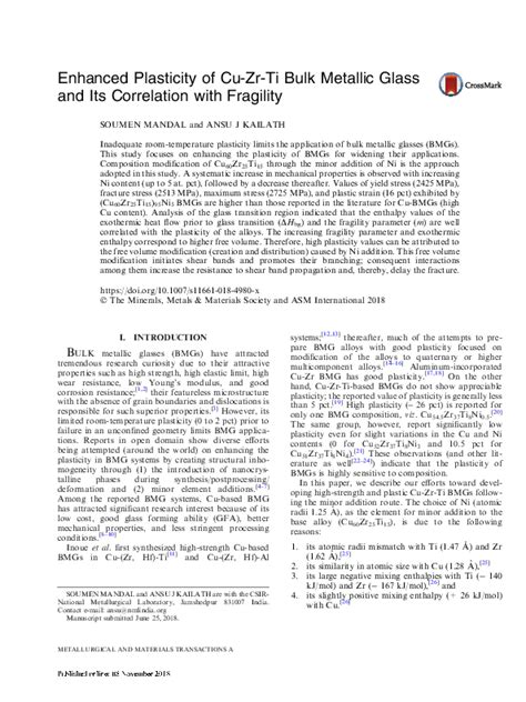 Pdf Enhanced Plasticity Of Cu Zr Ti Bulk Metallic Glass And Its Correlation With Fragility