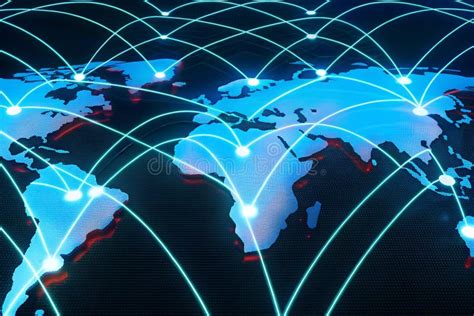 Global Connectivity Represented Through Glowing Data Lines On A Detailed World Map Stock Image