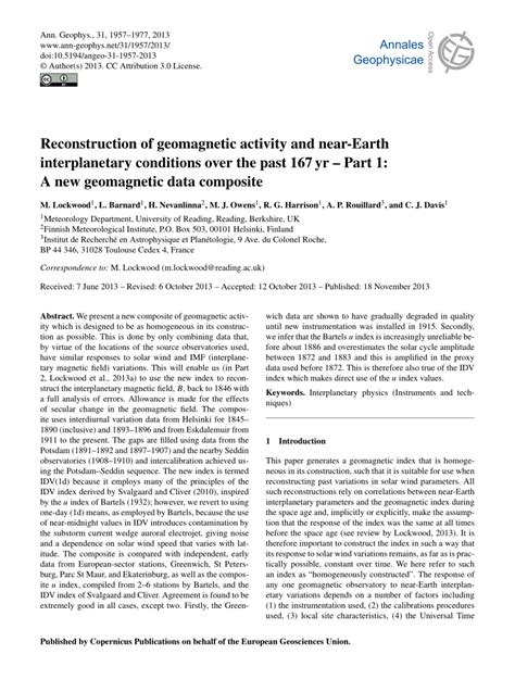 Pdf Reconstruction Of Geomagnetic Activity And Near Earth Interplanetary Conditions Over The