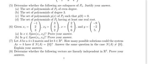 solved 5 determine whether the following are subspaces of