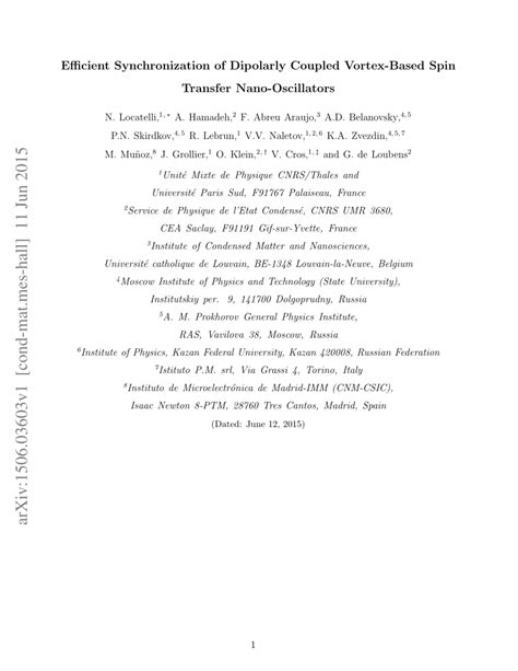Pdf Efficient Synchronization Of Dipolarly Coupled Vortex Based Spin Transfer Nano Oscillators