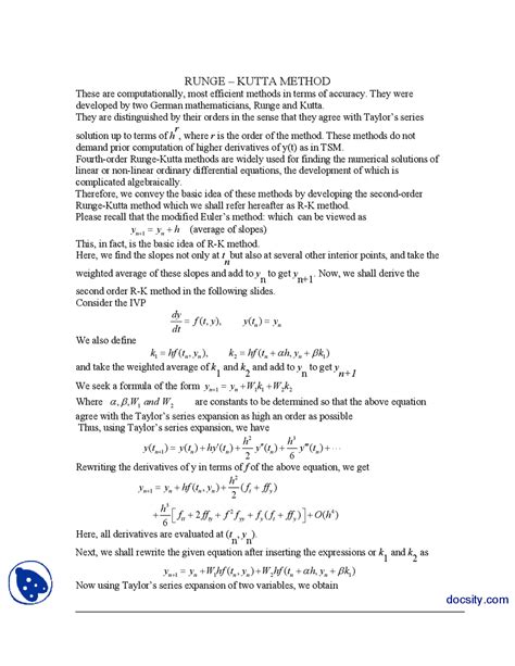 Runge Kutta Method Numerical Analysis Lecture Handouts Docsity