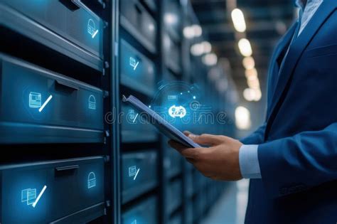 It Technician Monitoring Server Rack Using Tablet With Holographic