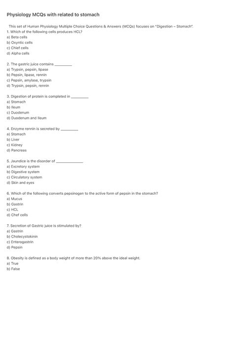 Physiology Mcqs With Related To Stomach Which Of The Following Cells
