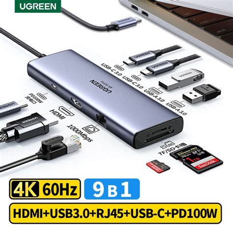 Характеристики Ugreen Usb Концентратор 9 In 1 4k 60hz Hdmi Rj45 Usb3 0 Usb C 5gbps Sd Tf Pd