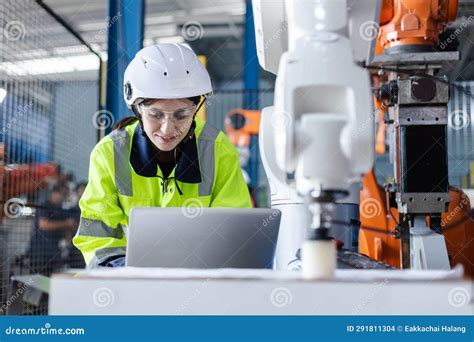 Female Technician Engineer Using Laptop Checking Automation Robotics At