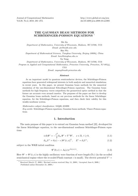 Global Science Press The Gaussian Beam Methods For Schrödinger Poisson