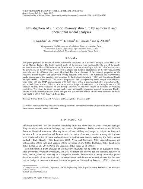 Pdf Investigation Of A Historic Masonry Structure By Numerical And Operational Modal Analyses