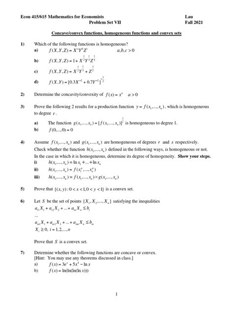 E20214 Math Econ 07 Concave Convex Functions Convex Sets Homogeneous