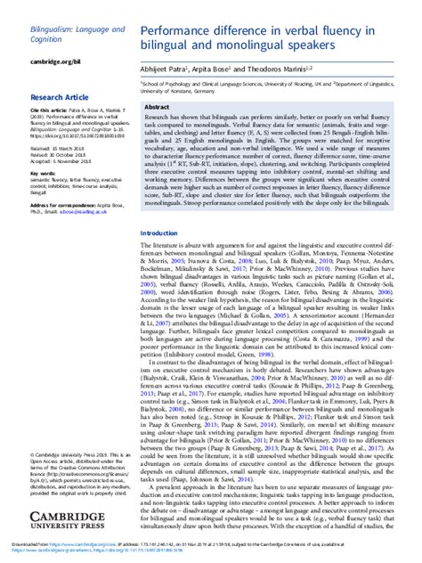 Pdf Performance Difference In Verbal Fluency In Bilingual And Monolingual Speakers