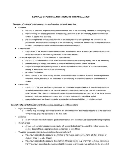 Potential Misstatements In Financial Audit Examples Pdf