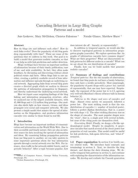 Pdf Cascading Behavior In Large Blog Graphs Patterns And A Model